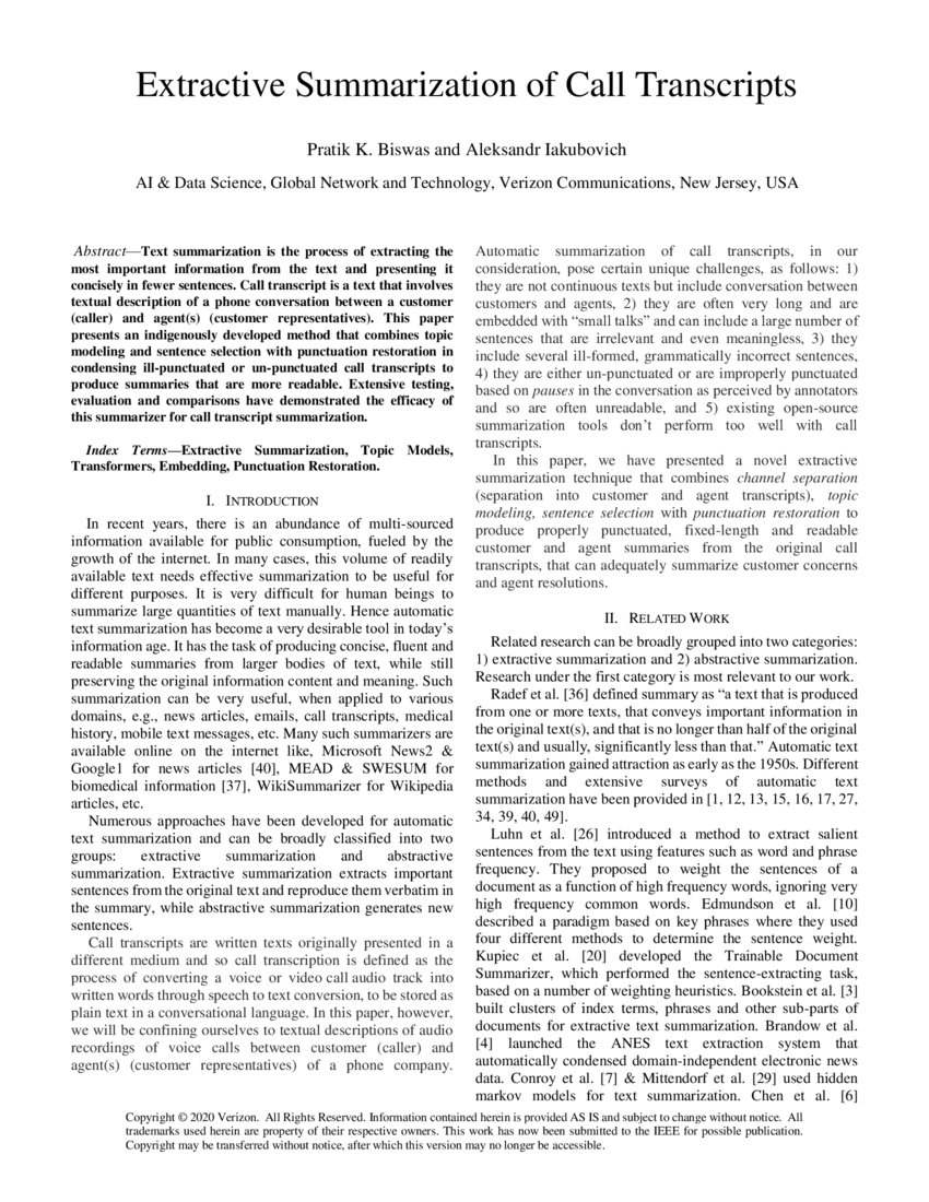 Extractive Summarization Of Call Transcripts Deepai