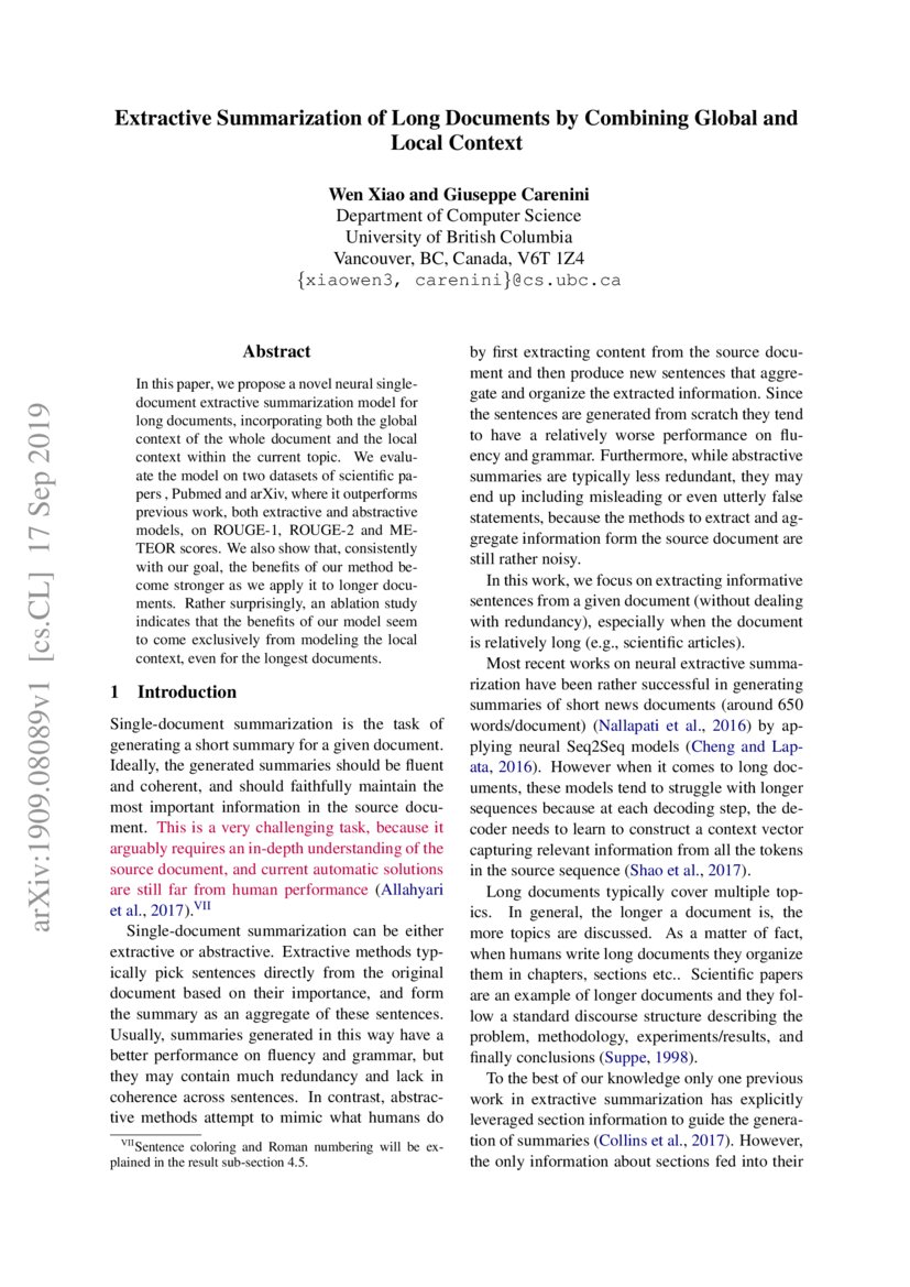Extractive Summarization Of Long Documents By Combining Global And Local Context Deepai