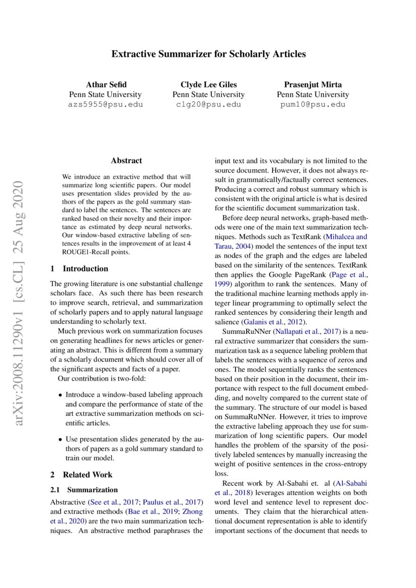 Extractive Summarizer for Scholarly Articles | DeepAI