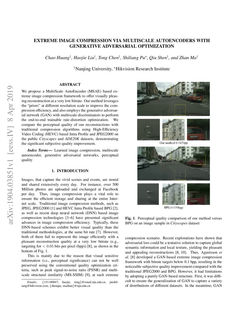 Extreme Image Compression via Multiscale Autoencoders With Generative Adversarial Optimization ...