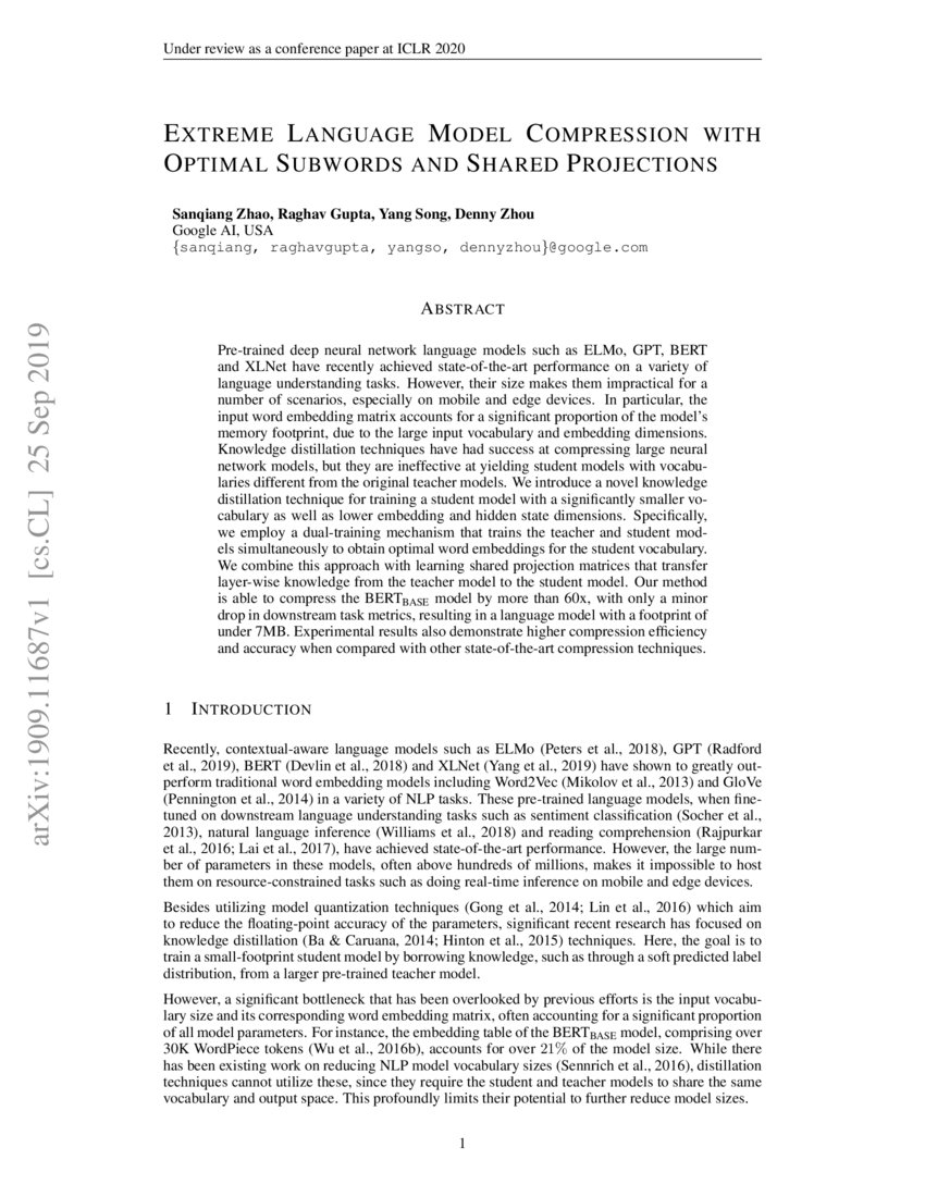 Extreme Language Model Compression with Optimal Subwords and Shared Projections | DeepAI