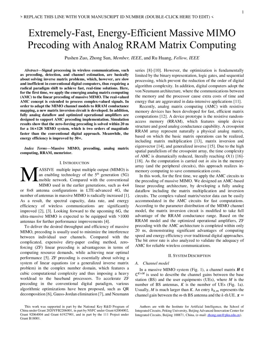 Extremely Fast Energy Efficient Massive Mimo Precoding With Analog Rram Matrix Computing Deepai 