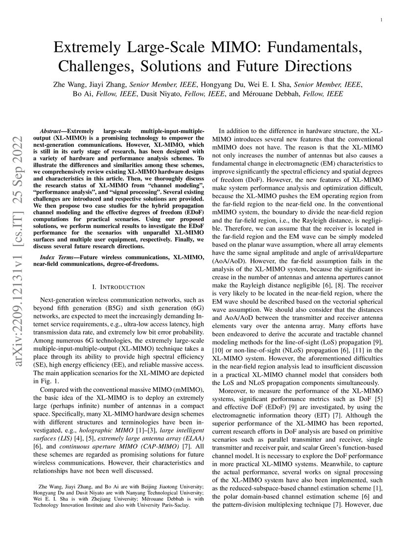 Extremely Large Scale Mimo Fundamentals Challenges Solutions And Future Directions Deepai