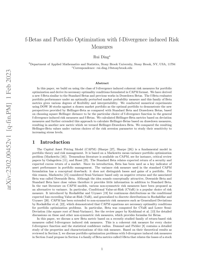 f-Betas and Portfolio Optimization with f-Divergence induced Risk Measures | DeepAI
