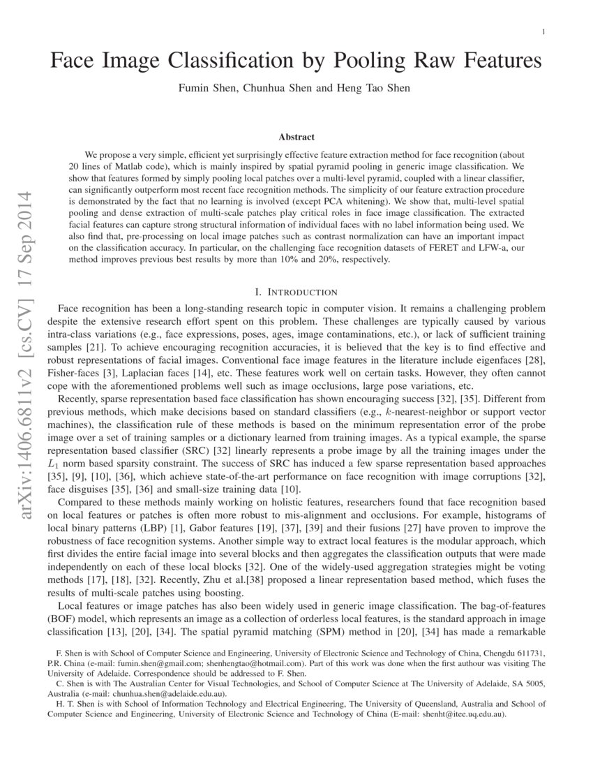 Face Image Classification by Pooling Raw Features | DeepAI