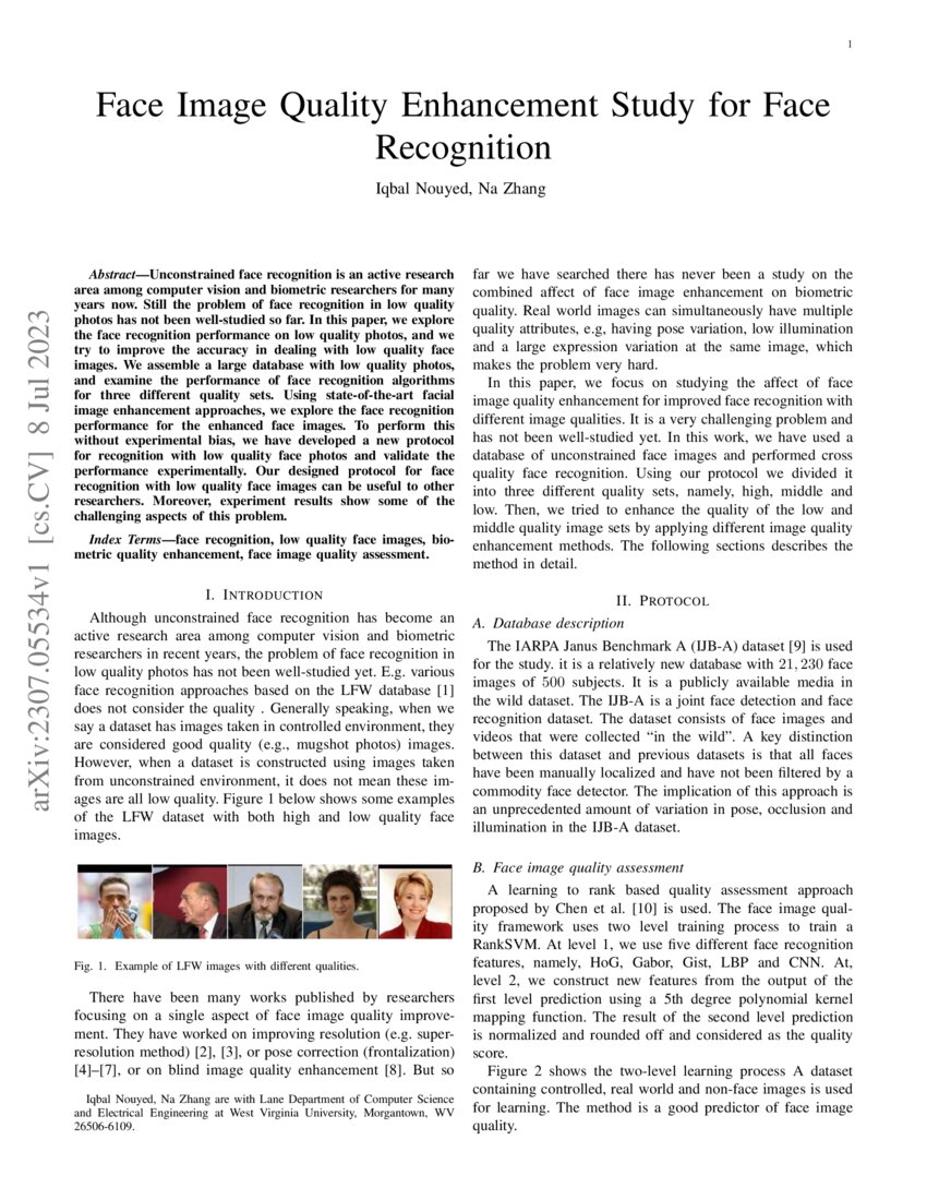 Face Image Quality Enhancement Study for Face Recognition | DeepAI