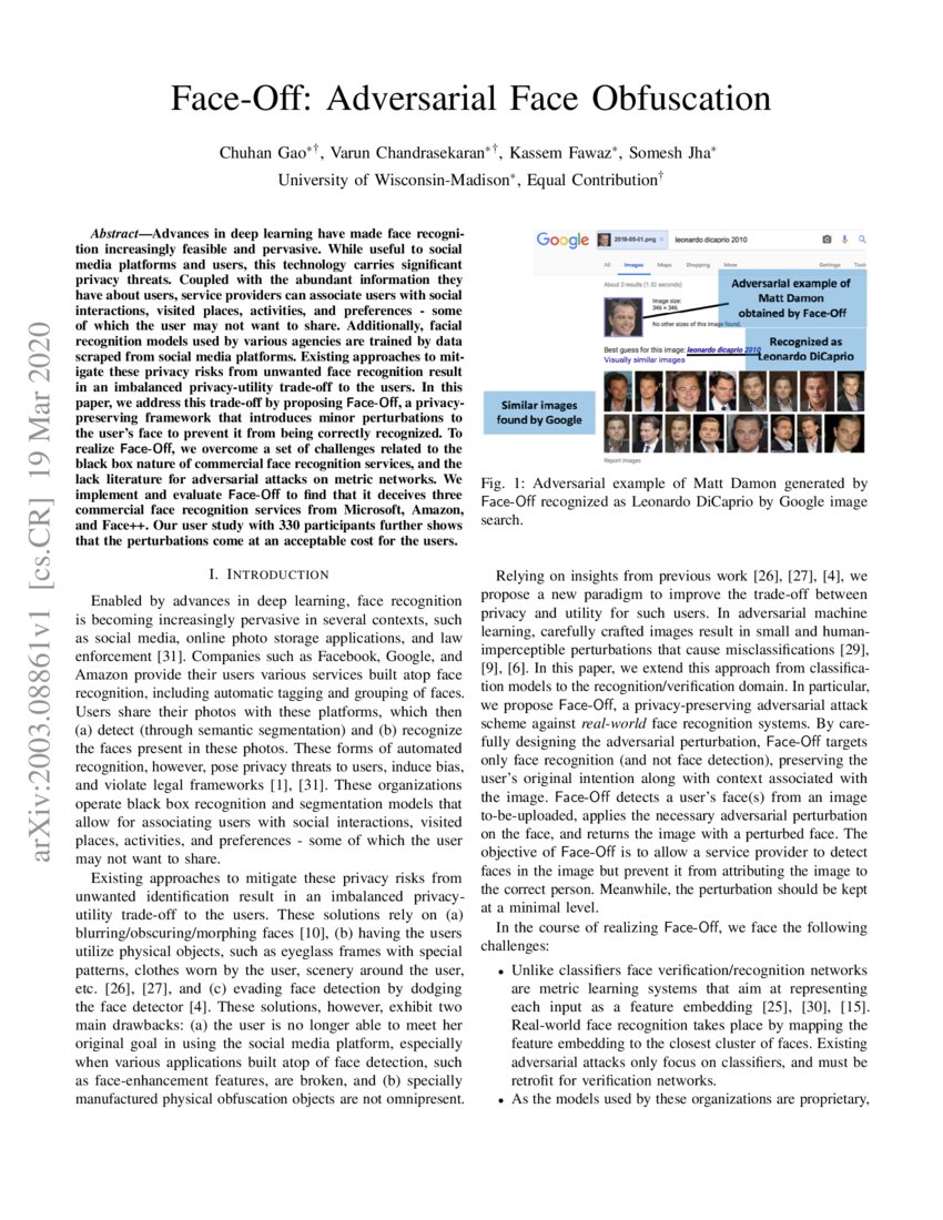 Face-Off: Adversarial Face Obfuscation | DeepAI