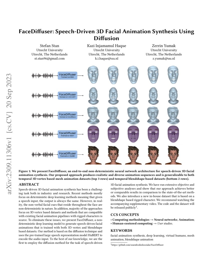 Facediffuser Speech Driven 3d Facial Animation Synthesis Using Diffusion Deepai