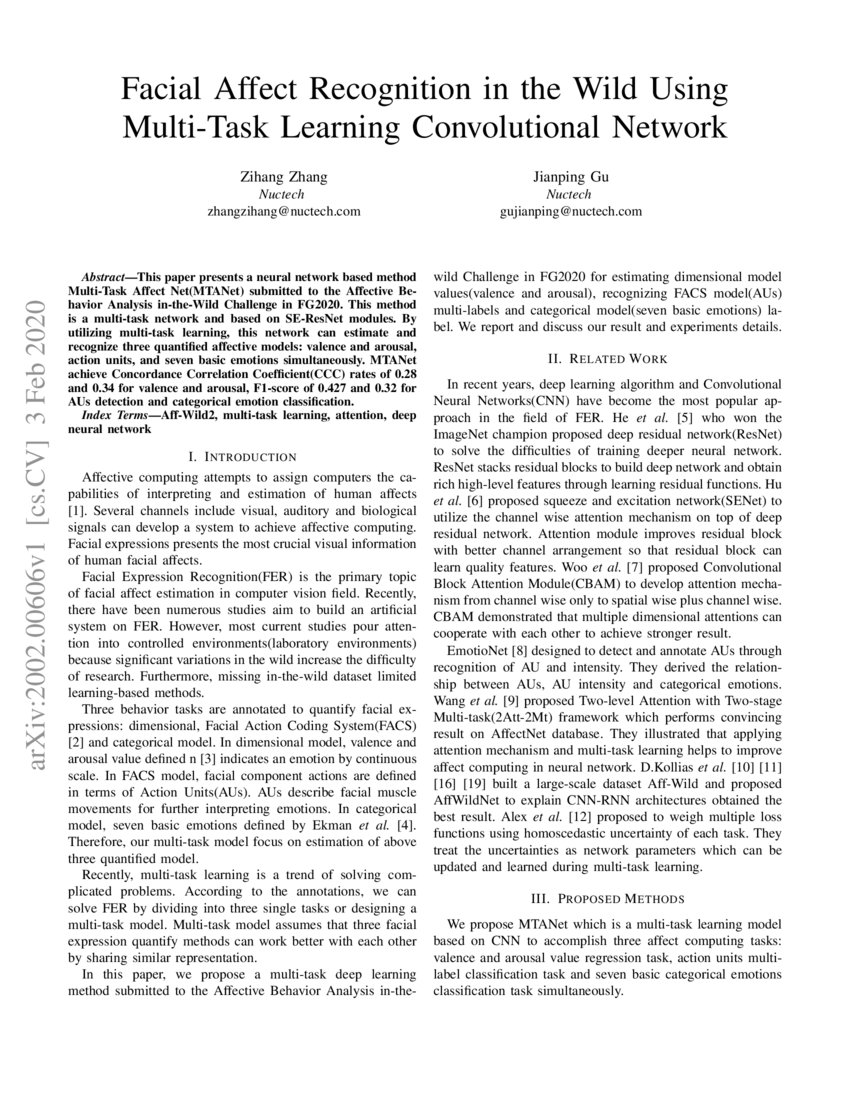 Facial Affect Recognition in the Wild Using Multi-Task Learning Convolutional Network | DeepAI