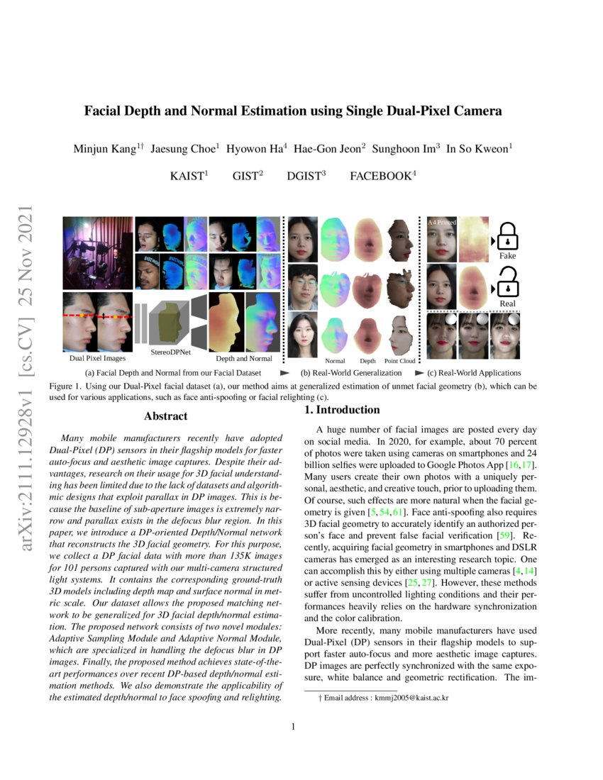 Facial Depth and Normal Estimation using Single Dual-Pixel Camera | DeepAI