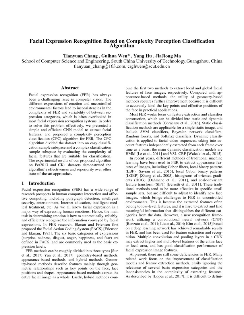 Facial Expression Recognition Based on Complexity Perception Classification Algorithm | DeepAI