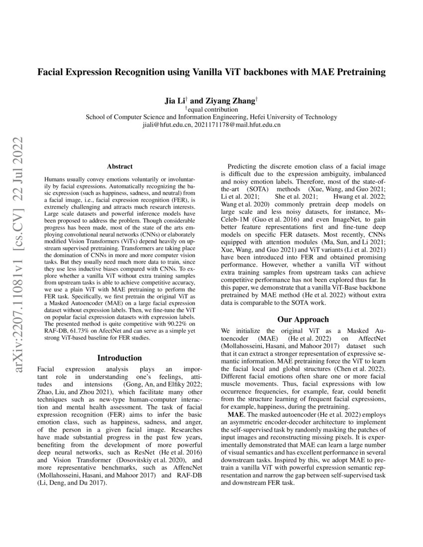 Facial Expression Recognition Using Vanilla Vit Backbones With Mae Pretraining Deepai