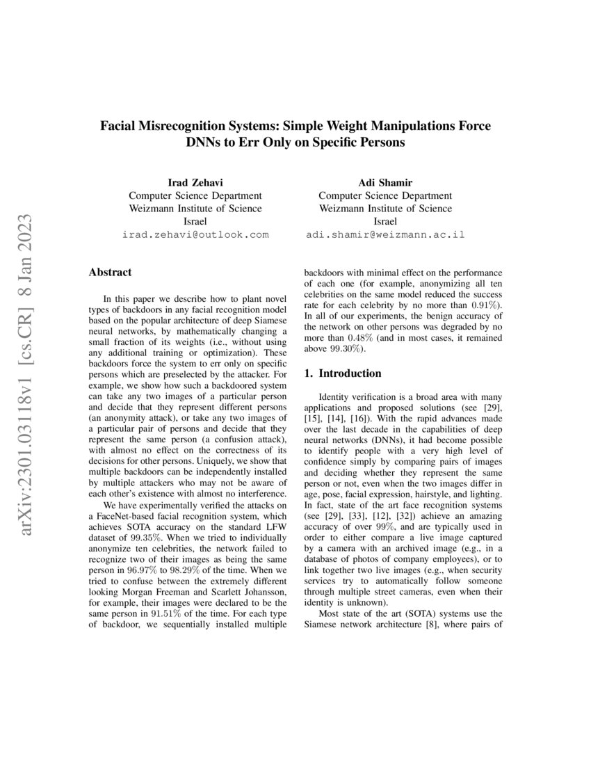 Facial Misrecognition Systems: Simple Weight Manipulations Force DNNs ...