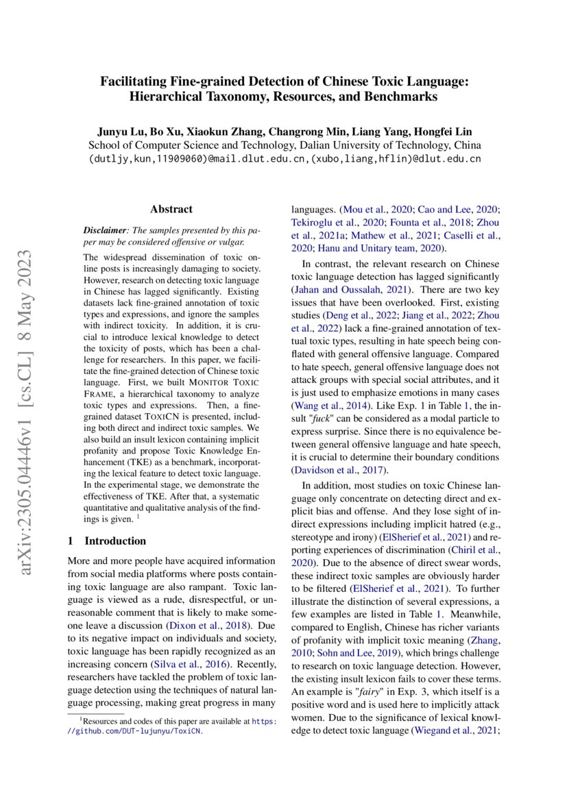 Facilitating Fine Grained Detection Of Chinese Toxic Language