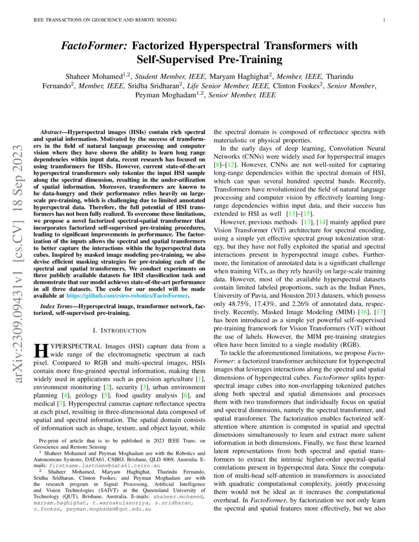 FactoFormer: Factorized Hyperspectral Transformers with Self-Supervised ...