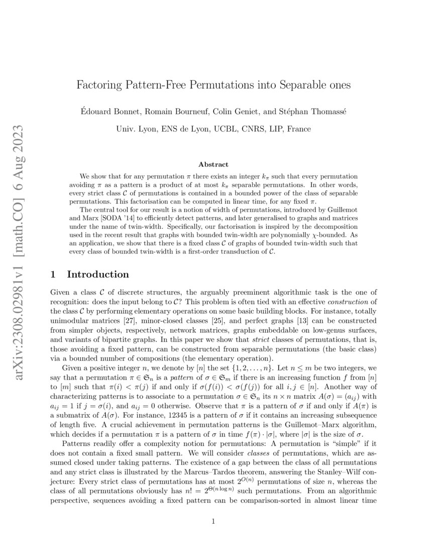 Factoring Pattern Free Permutations Into Separable Ones Deepai 0700