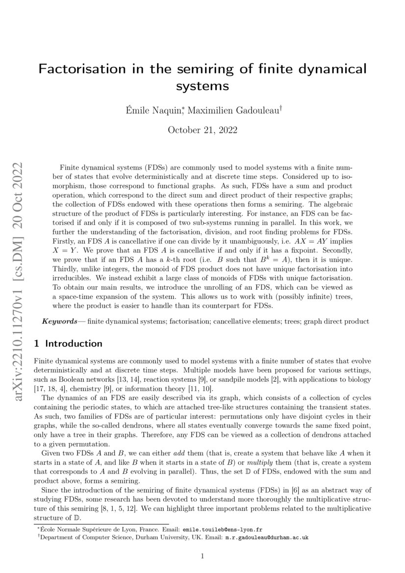 Factorisation in the semiring of finite dynamical systems | DeepAI