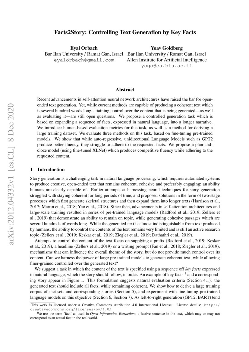 Facts2Story: Controlling Text Generation by Key Facts | DeepAI