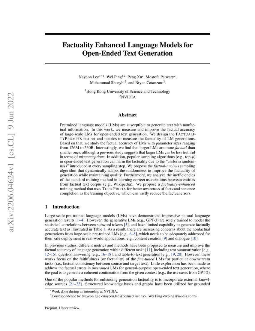 Factuality Enhanced Language Models For Open Ended Text Generation DeepAI