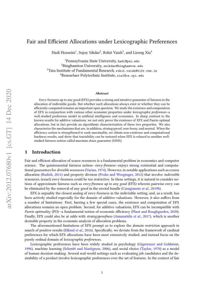 Fair and Efficient Allocations under Lexicographic Preferences | DeepAI