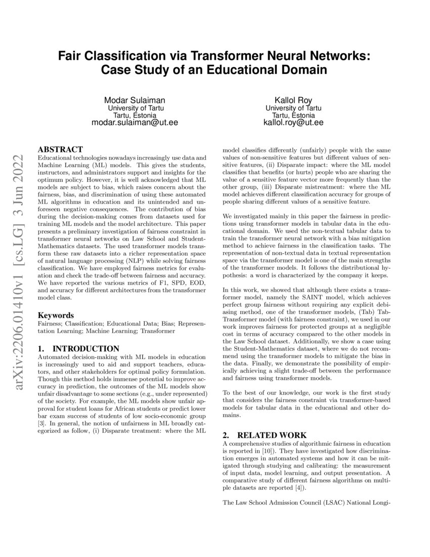 Fair Classification via Transformer Neural Networks: Case Study of an Educational Domain | DeepAI