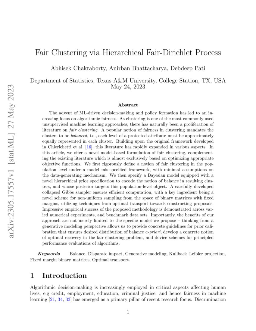 Fair Clustering via Hierarchical Fair-Dirichlet Process | DeepAI Fair Clustering via Hierarchical Fair-Dirichlet Process | DeepAI
