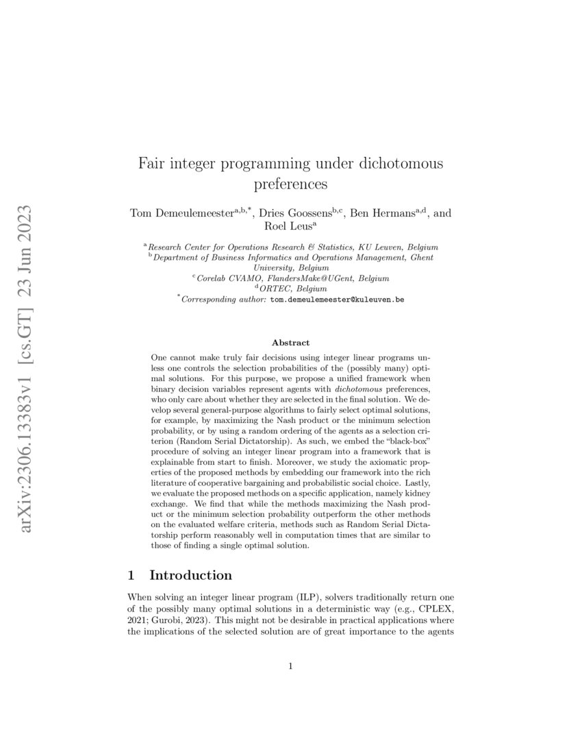 Fair Integer Programming Under Dichotomous Preferences Deepai 