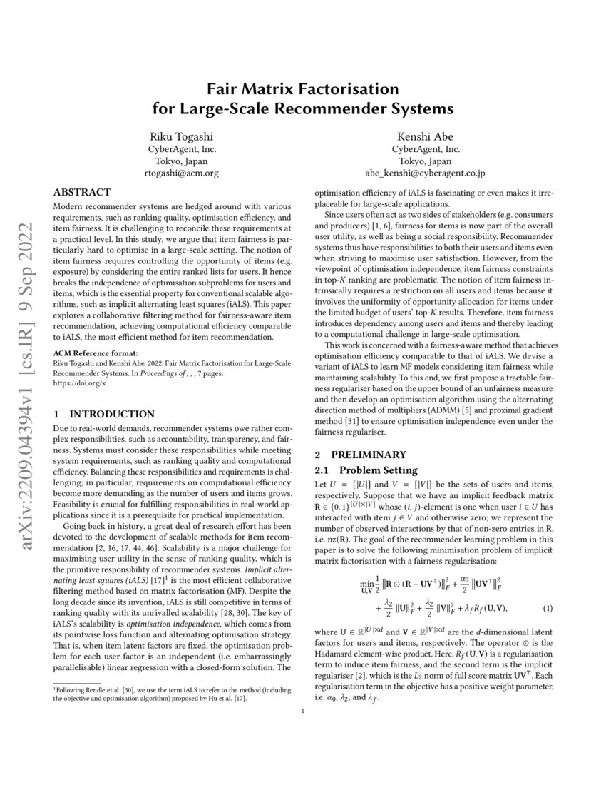 Fair Matrix Factorisation for Large-Scale Recommender Systems | DeepAI