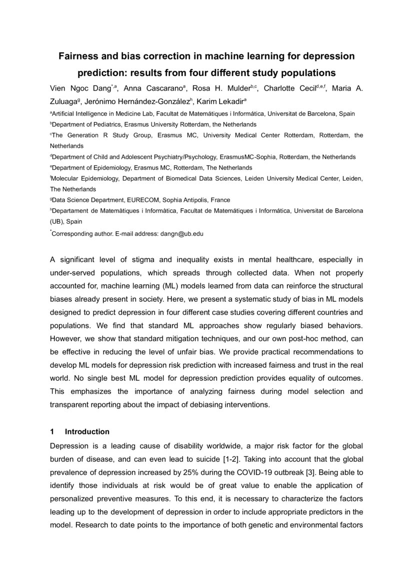 Fairness and bias correction in machine learning for depression ...