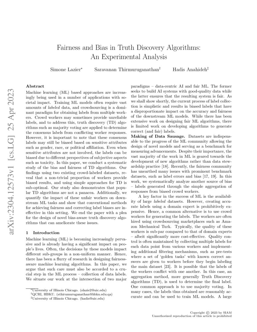 Fairness and Bias in Truth Discovery Algorithms: An Experimental Analysis | DeepAI
