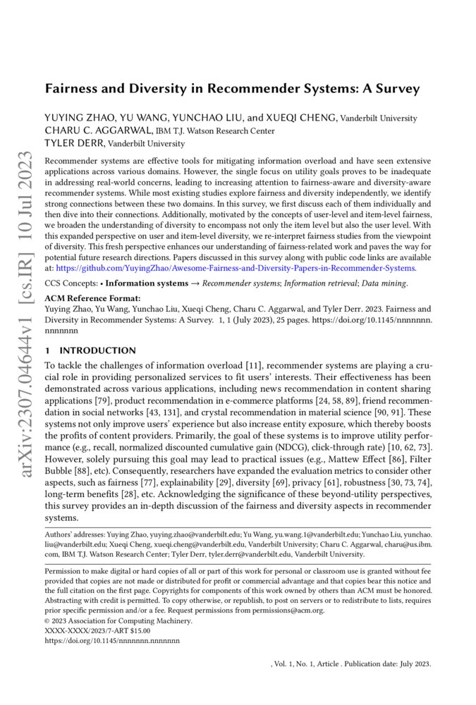 Fairness And Diversity In Recommender Systems A Survey Deepai