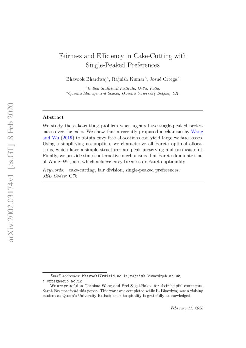 Fairness and Efficiency in Cake-Cutting with Single-Peaked Preferences ...