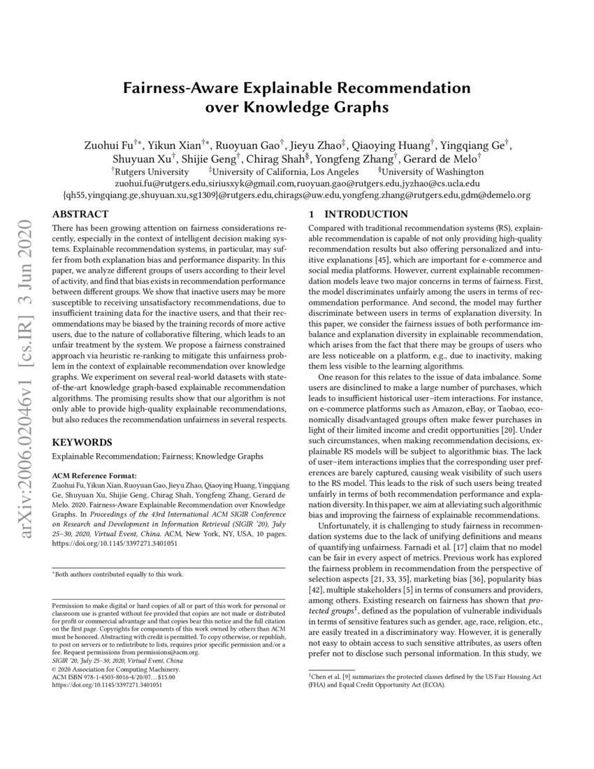 Fairness-Aware Explainable Recommendation over Knowledge Graphs | DeepAI
