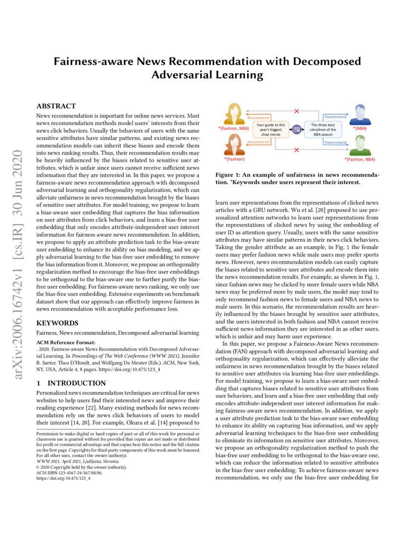 Fairness-aware News Recommendation with Decomposed Adversarial Learning | DeepAI