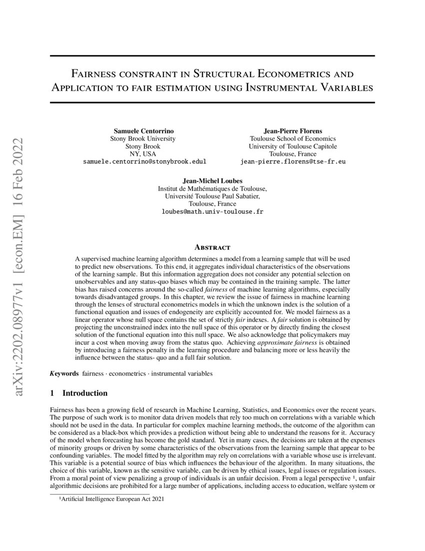 Fairness Constraint In Structural Econometrics And Application To Fair Estimation Using