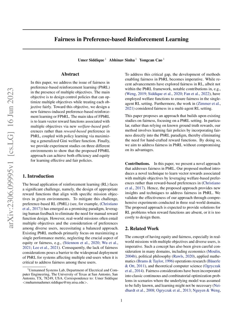 Fairness In Preference Based Reinforcement Learning Deepai