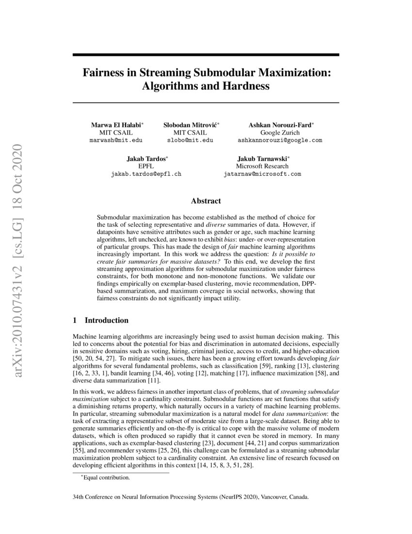 Fairness in Streaming Submodular Maximization: Algorithms and Hardness | DeepAI