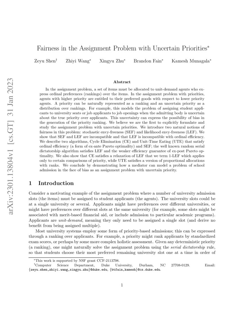 Fairness In The Assignment Problem With Uncertain Priorities Deepai