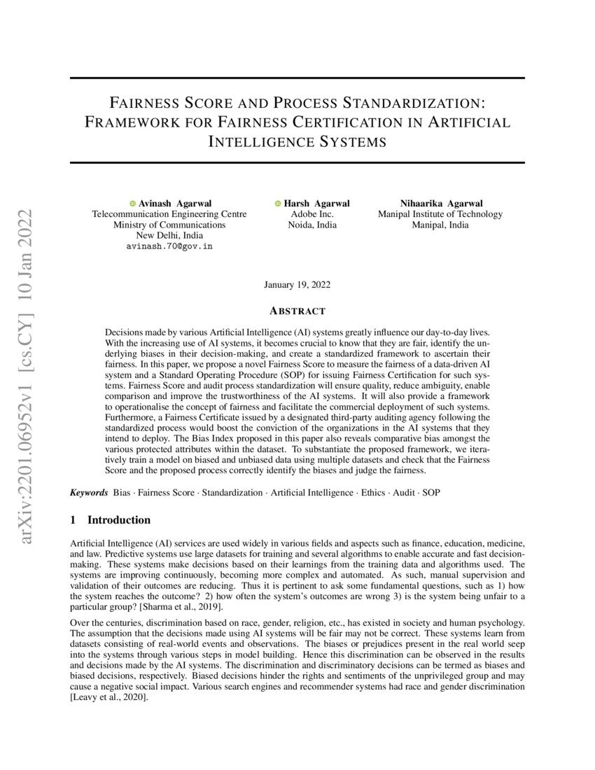 Fairness Score and Process Standardization: Framework for Fairness ...