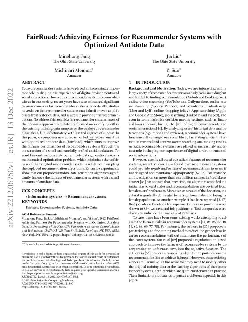 FairRoad: Achieving Fairness for Recommender Systems with Optimized ... FairRoad: Achieving Fairness for Recommender Systems with Optimized ...