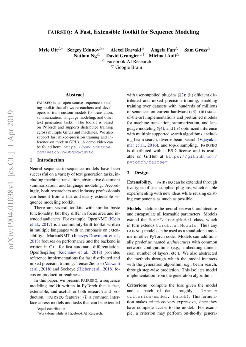 fairseq: A Fast, Extensible Toolkit for Sequence Modeling | DeepAI