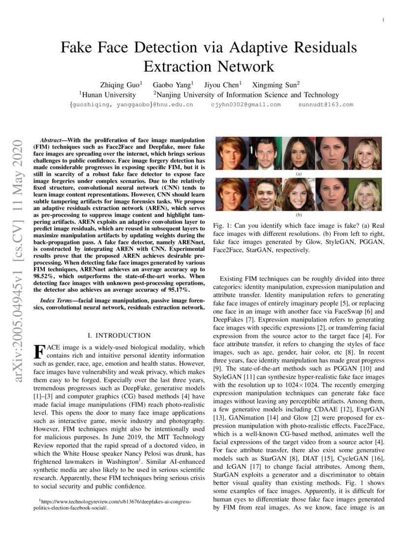 Fake Face Detection Via Adaptive Residuals Extraction Network Deepai