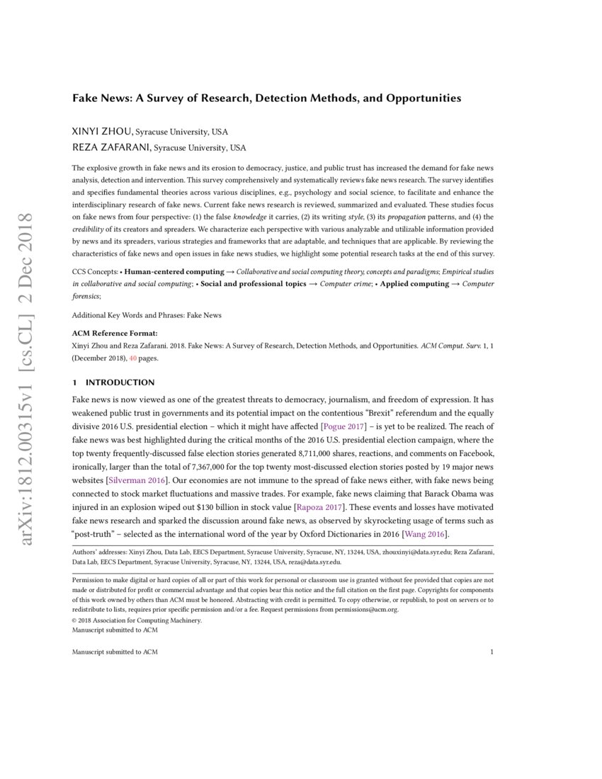 Fake News: A Survey of Research, Detection Methods, and Opportunities ...