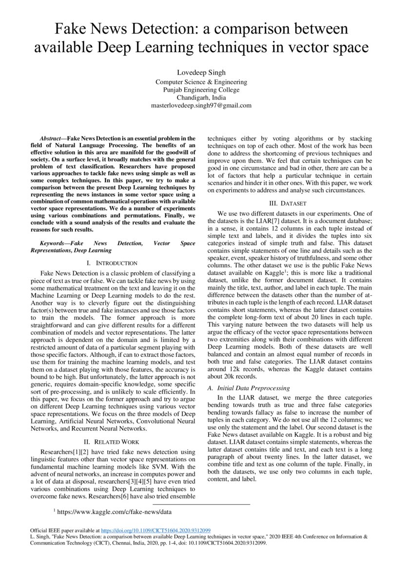 Fake News Detection A Comparison Between Available Deep Learning