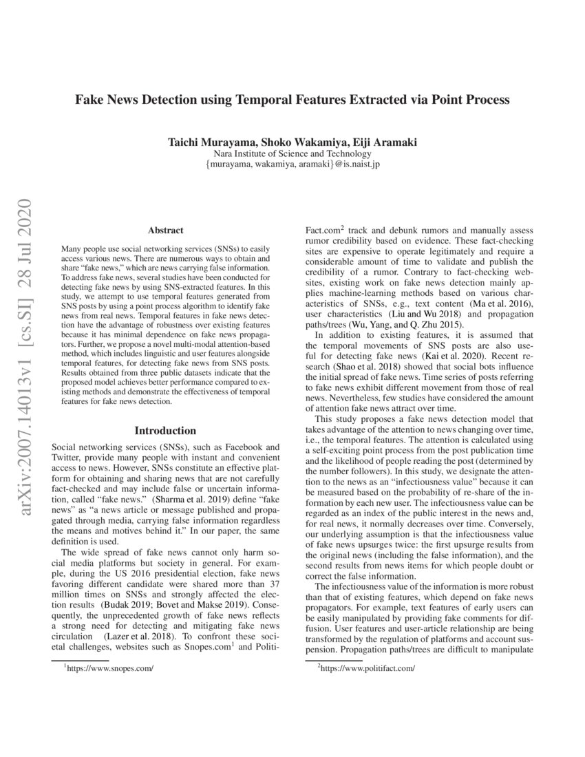 Fake News Detection using Temporal Features Extracted via Point Process ...