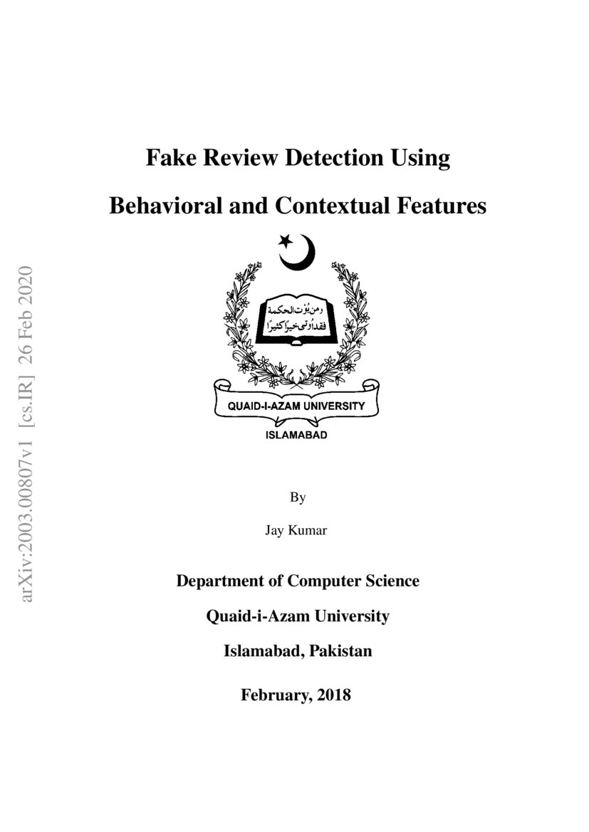 Fake Review Detection Using Behavioral And Contextual Features Deepai