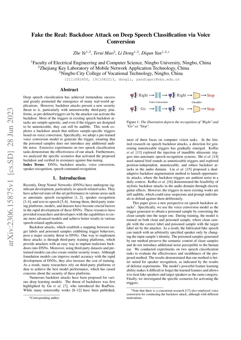 Fake the Real: Backdoor Attack on Deep Speech Classification via Voice ...