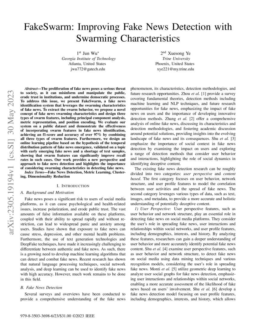 FakeSwarm: Improving Fake News Detection with Swarming Characteristics ...