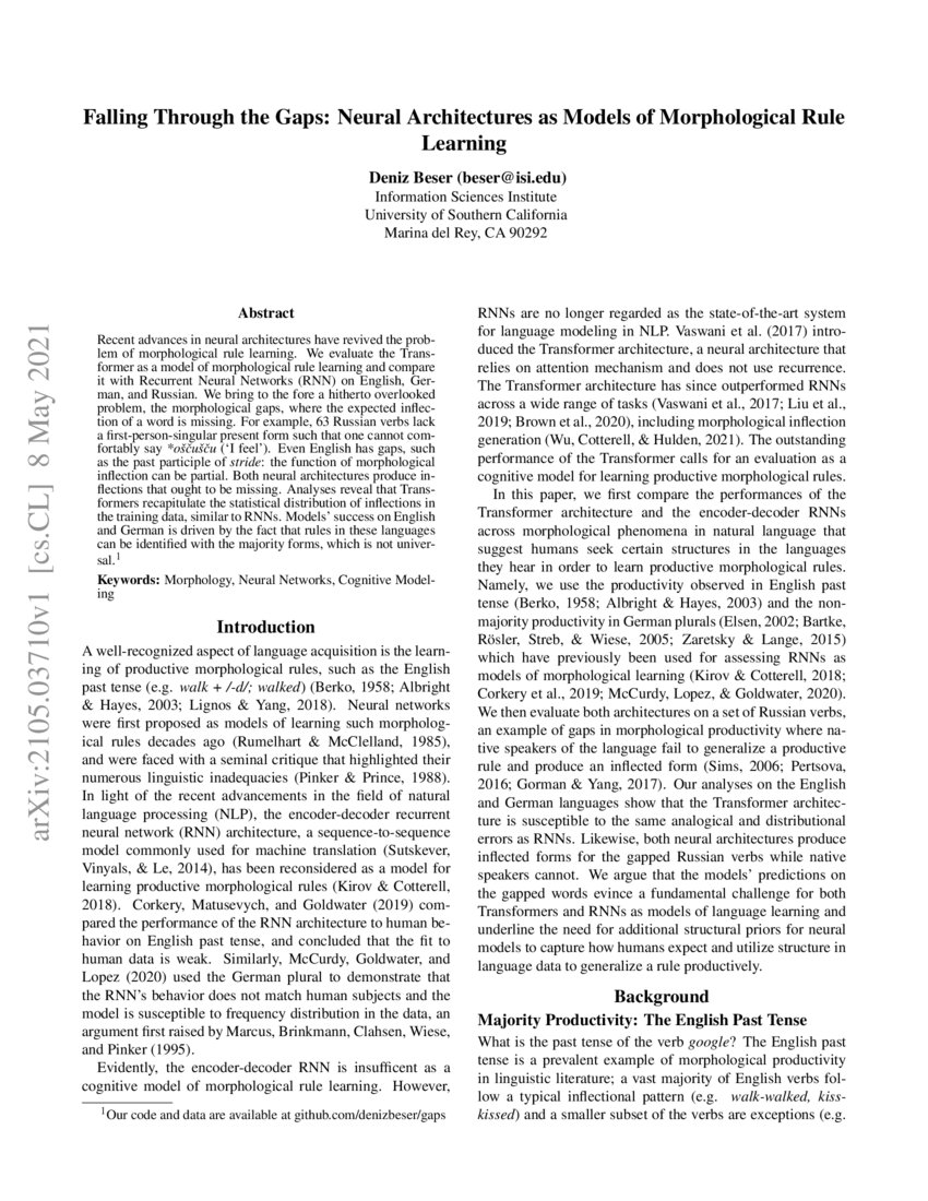 Falling Through the Gaps: Neural Architectures as Models of Morphological Rule Learning | DeepAI