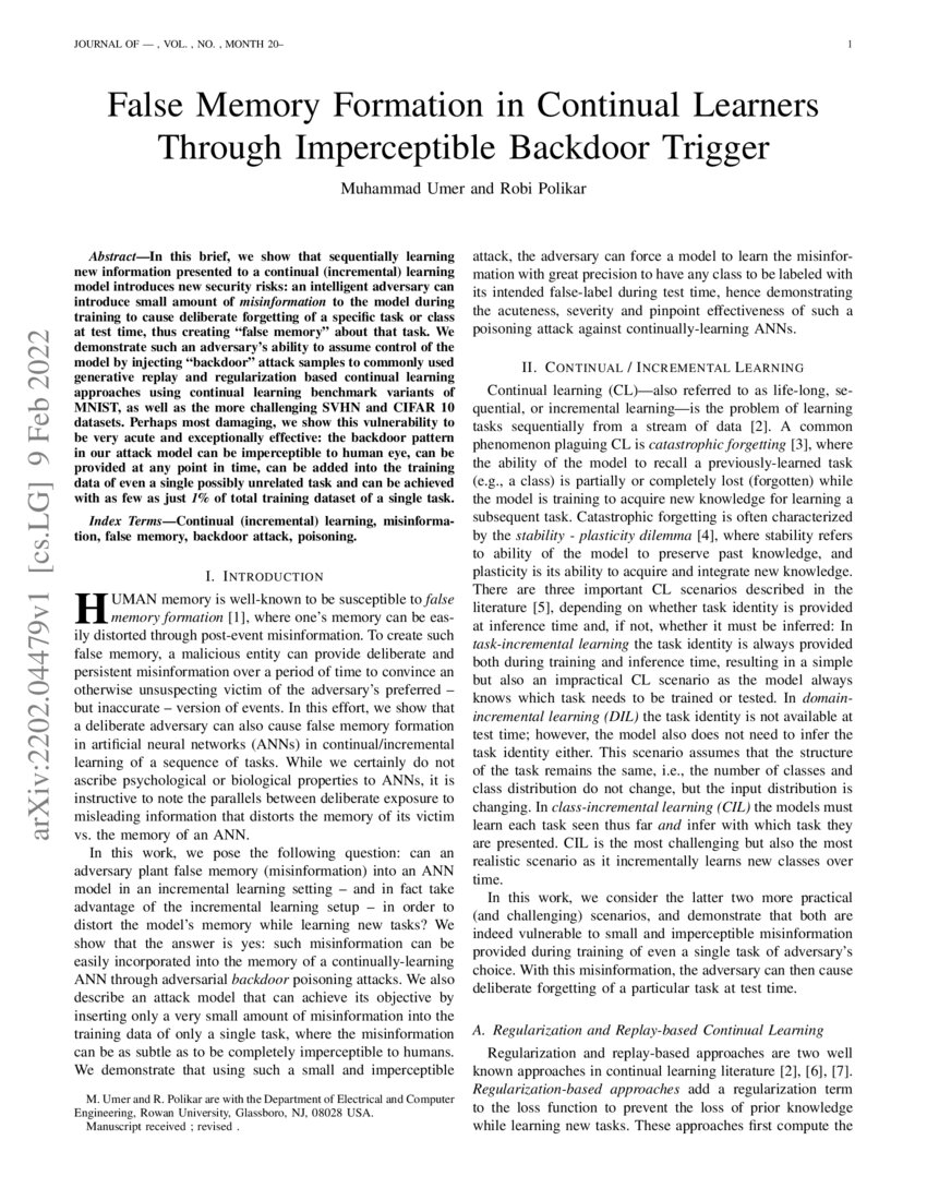 False Memory Formation in Continual Learners Through Imperceptible ...